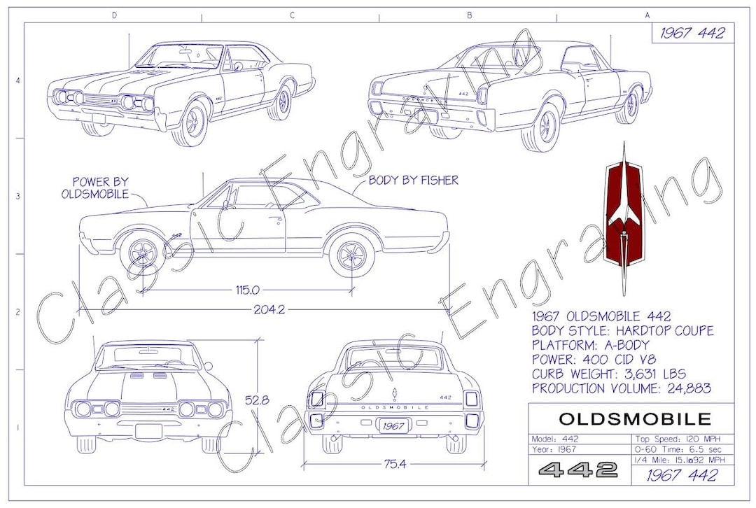 1967 Olds 442 "blueprint Drawing" Unframed Color Poster Print - Etsy