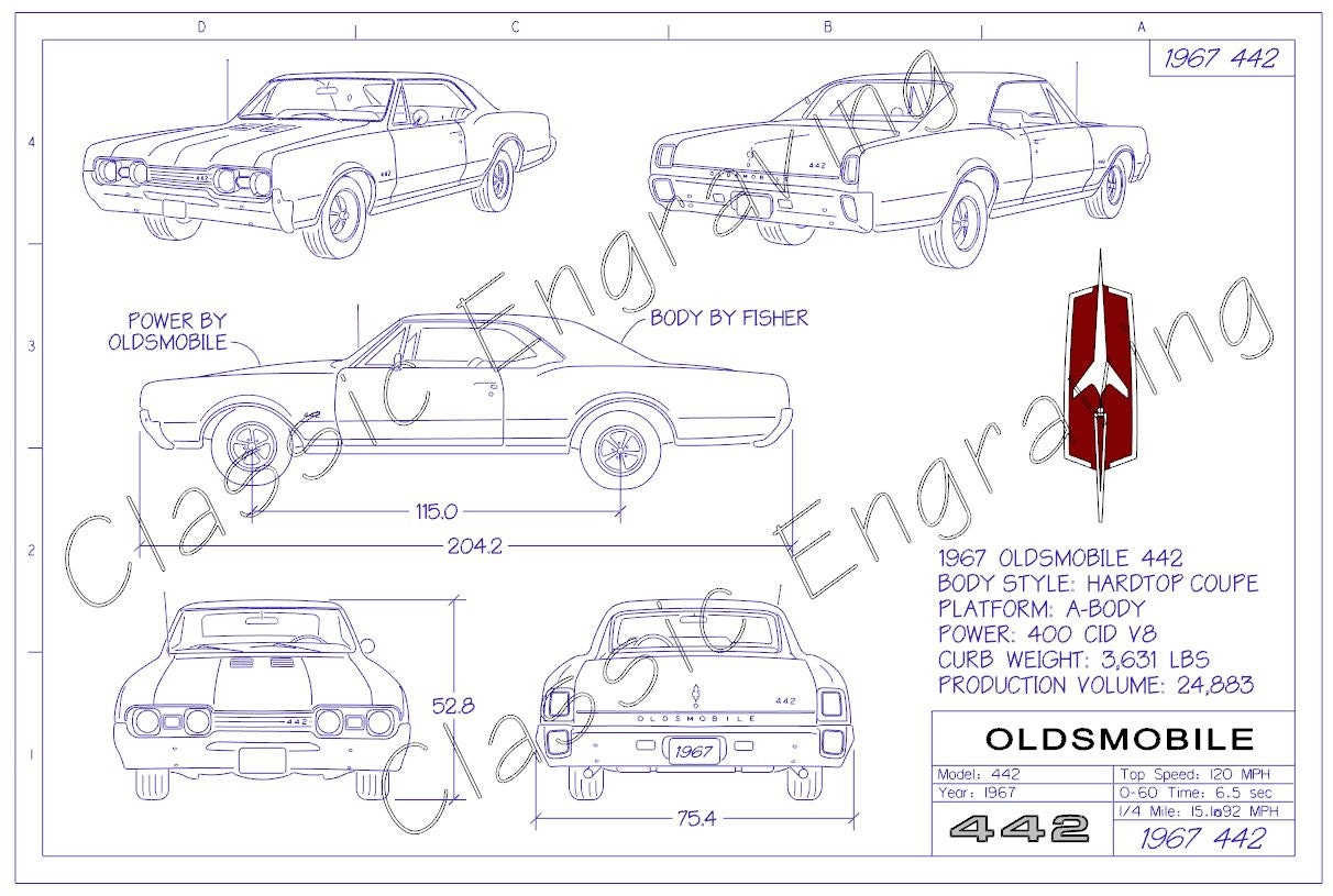 1967 Olds 442 "blueprint Drawing" Unframed Color Poster Print - Etsy