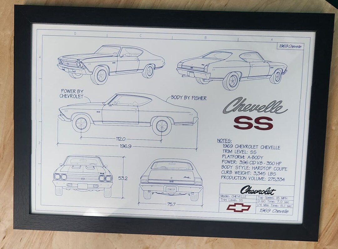 1969 Chevelle SS blueprint Drawing Framed Color - Etsy