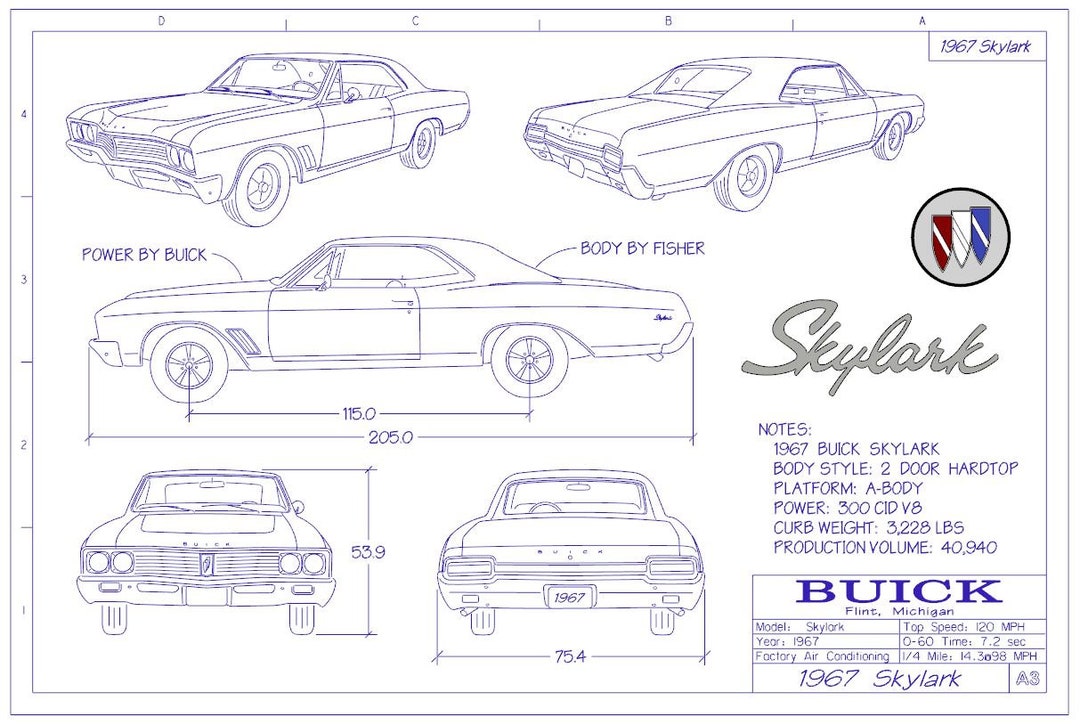 1967 Buick Skylark "blueprint Drawing" Unframed Color Poster Print - Etsy