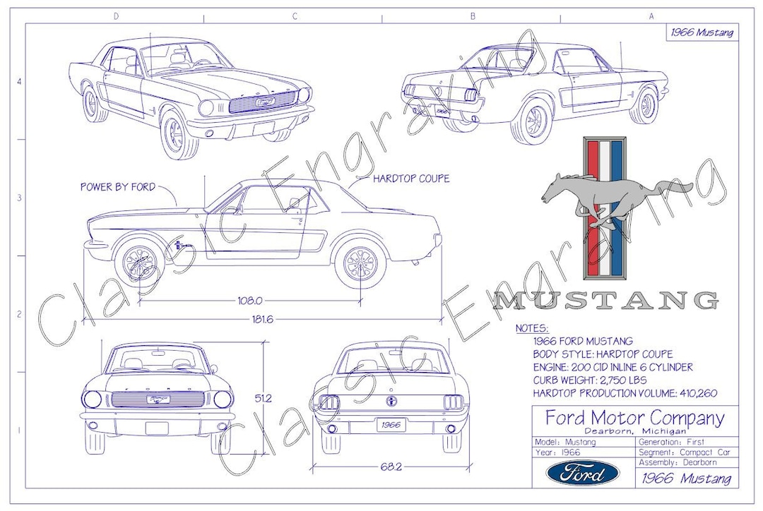 1966 Mustang Coupe "blueprint Drawing" Unframed Color Poster Print - Etsy