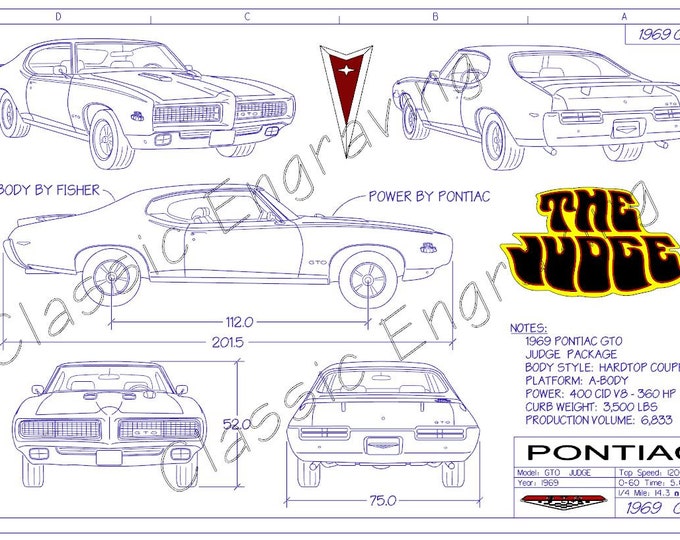1969 Pontiac GTO Judge blueprint Drawing Unframed Color Poster Print - Etsy
