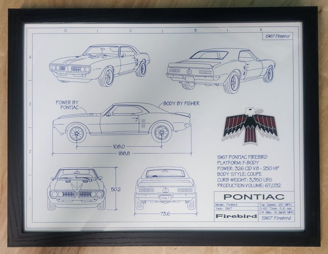 1967 Pontiac Firebird blueprint Drawing Framed - Etsy