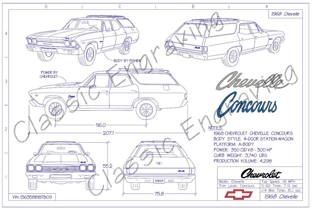 1968 Chevelle Concours Wagon "blueprint Drawing" Unframed Color Poster ...