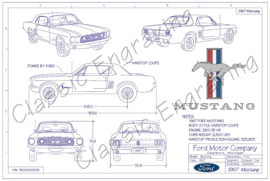 1967 Mustang Coupe "blueprint Drawing" Unframed Color Poster Print - Etsy