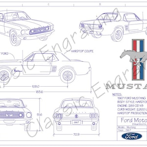 1967 Mustang Coupe "blueprint Drawing" Unframed Color Poster Print - Etsy