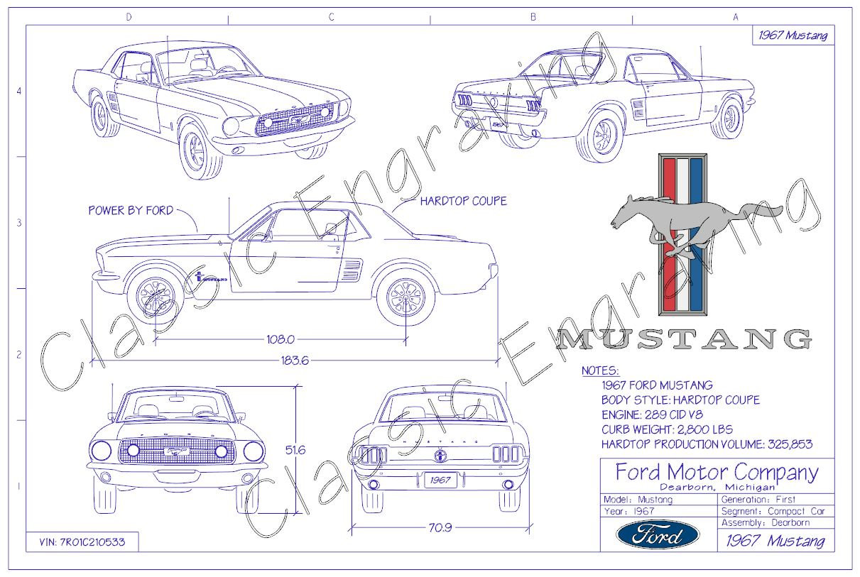 1967 Mustang Coupe "blueprint Drawing" Unframed Color Poster Print - Etsy