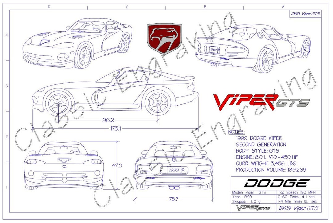 1999 Dodge Viper GTS "blueprint Drawing" Unframed Color Poster Print - Etsy