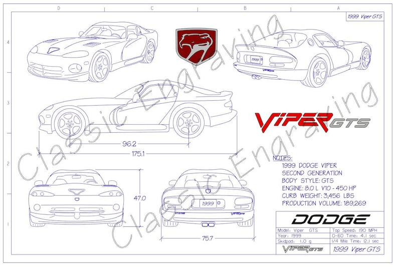 1999 Dodge Viper GTS "blueprint Drawing" Unframed Color Poster Print - Etsy