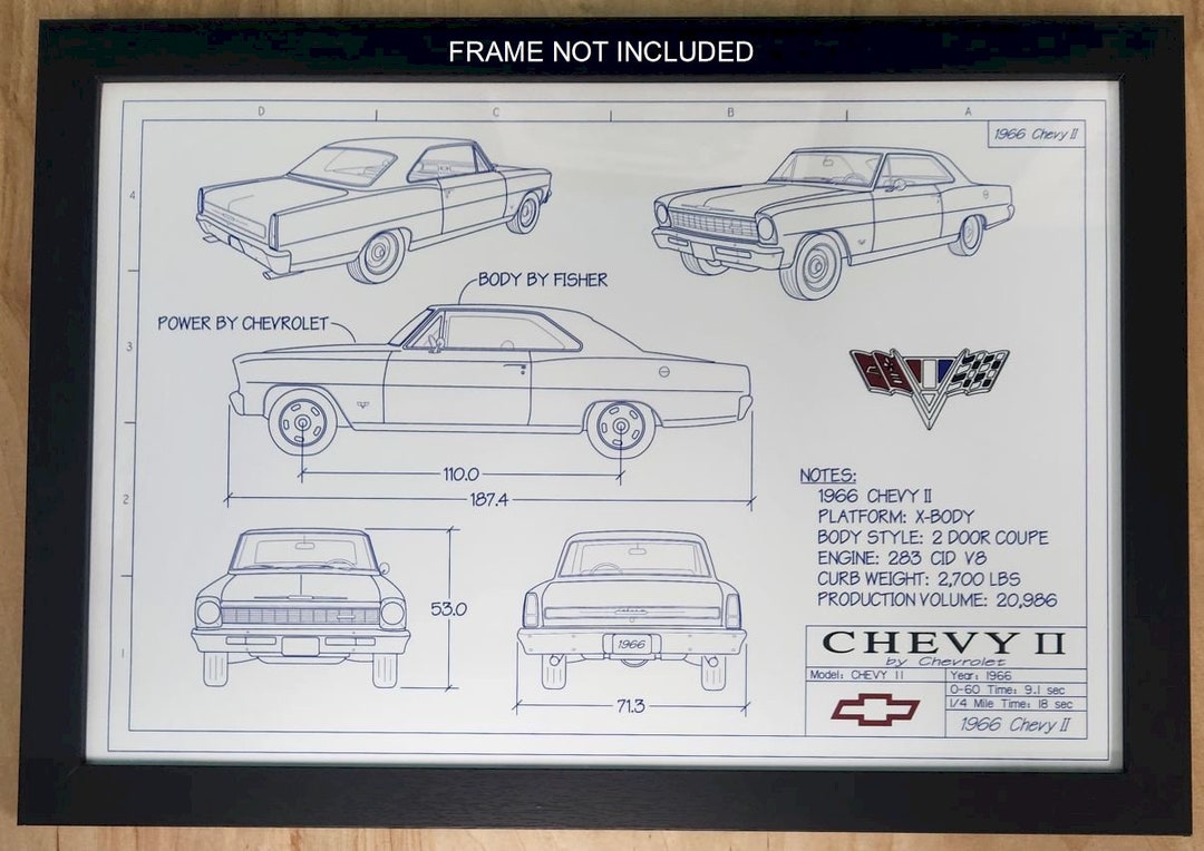 1966 Chevy II "blueprint Drawing" Unframed Color Poster Print - Etsy