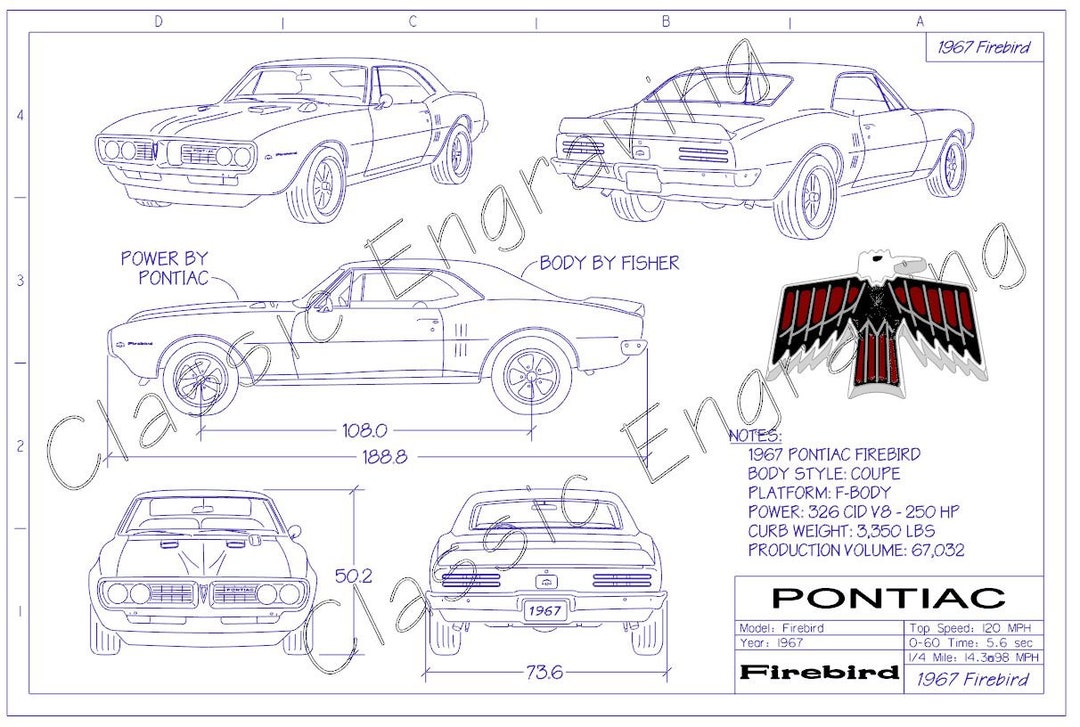 1967 Pontiac Firebird "blueprint Drawing" Unframed Color Poster Print ...