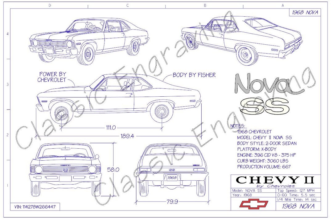 1968 Nova SS "blueprint Drawing" Unframed Color Poster Print - Etsy