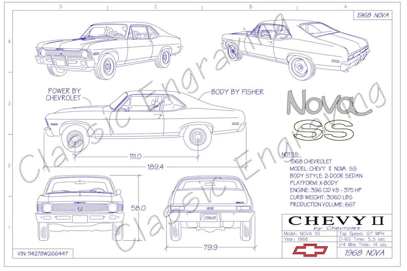 1968 Nova SS "blueprint Drawing" Unframed Color Poster Print - Etsy