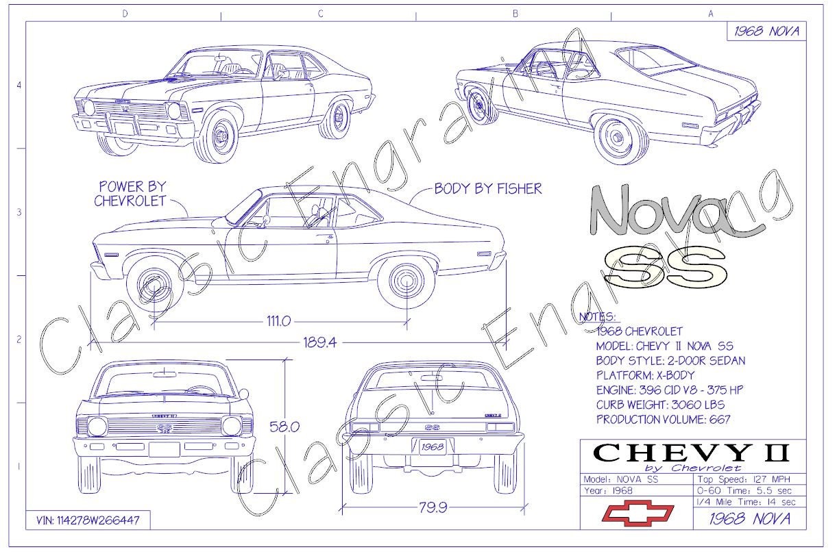 1968 Nova SS blueprint Drawing Unframed Color Poster Print - Etsy