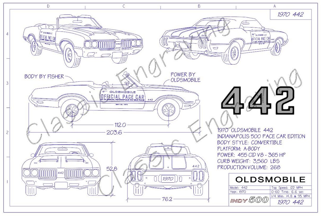 1970 Olds 442 Indy Pace Car "blueprint Drawing" Unframed Color Poster ...
