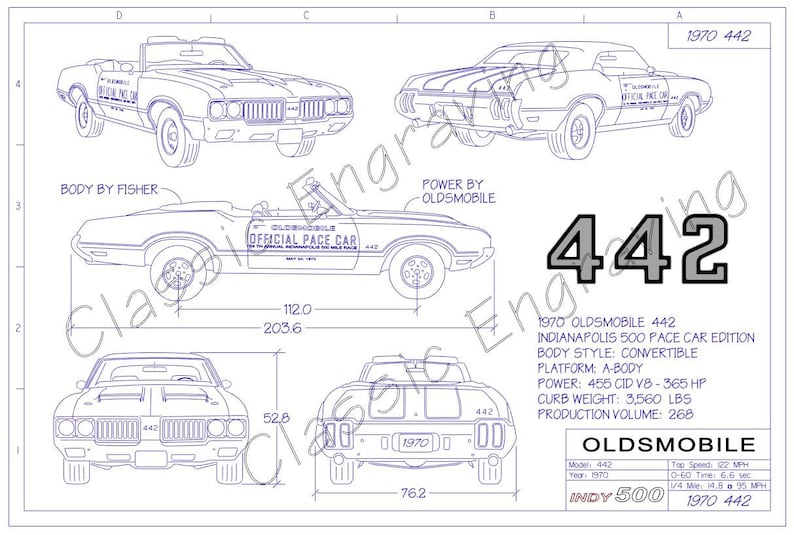 1970 Olds 442 Indy Pace Car blueprint Drawing Unframed Color Poster ...