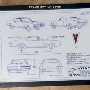 1968 Pontiac GTO "blueprint Drawing" Unframed Color Poster Print - Etsy