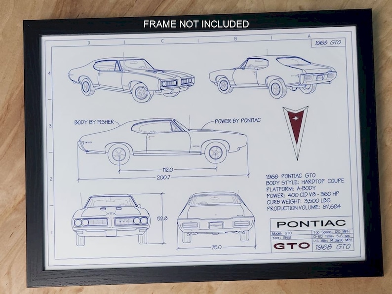 1968 Pontiac GTO "blueprint Drawing" Unframed Color Poster Print - Etsy