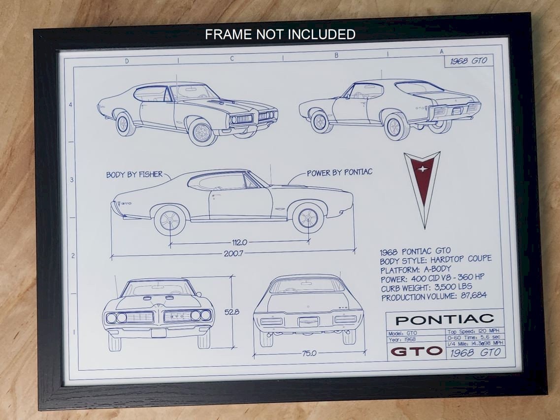 1968 Pontiac GTO "blueprint Drawing" Unframed Color Poster Print - Etsy