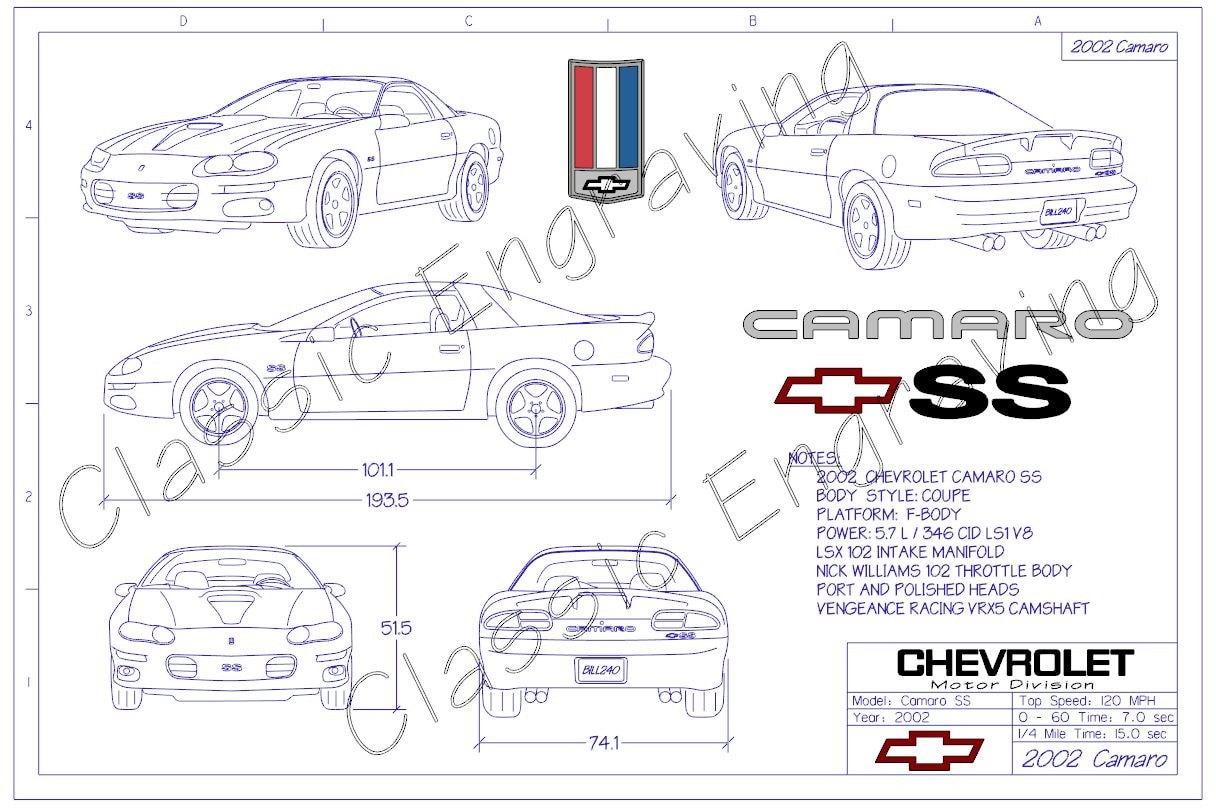 2002 Camaro SS "blueprint Drawing" Unframed Color Poster Print - Etsy
