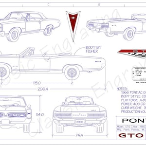 1966 Pontiac GTO Convertible "blueprint Drawing" Unframed Color Poster ...