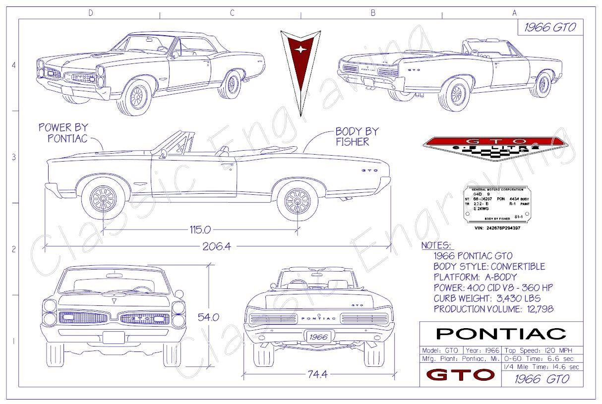 1966 Pontiac GTO Convertible "blueprint Drawing" Unframed Color Poster ...
