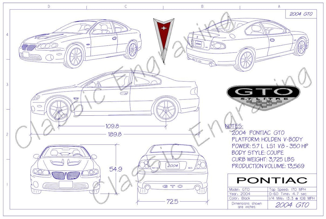 2004-2005 Pontiac GTO "blueprint Drawing" Unframed Color Poster Print ...