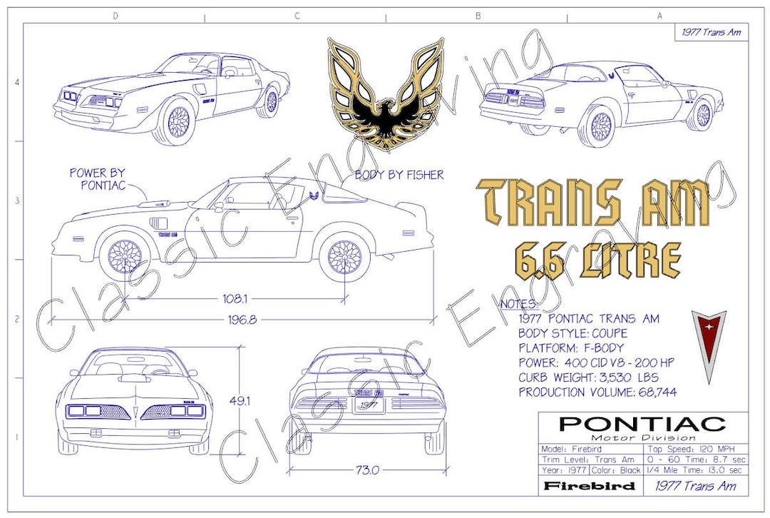 1977 Pontiac Trans Am "blueprint Drawing" Unframed Color Poster Print ...