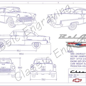 1955 Chevy Bel Air Coupe "blueprint Drawing" Unframed Color Poster ...