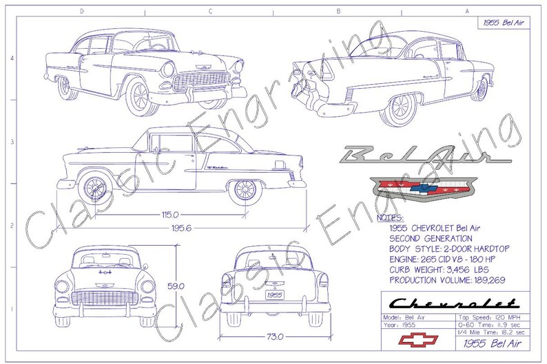 1955 Chevy Bel Air Coupe "blueprint Drawing" Unframed Color Poster ...