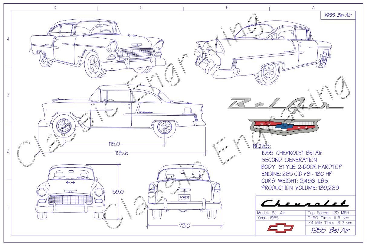1955 Chevy Bel Air Coupe "blueprint Drawing" Unframed Color Poster ...