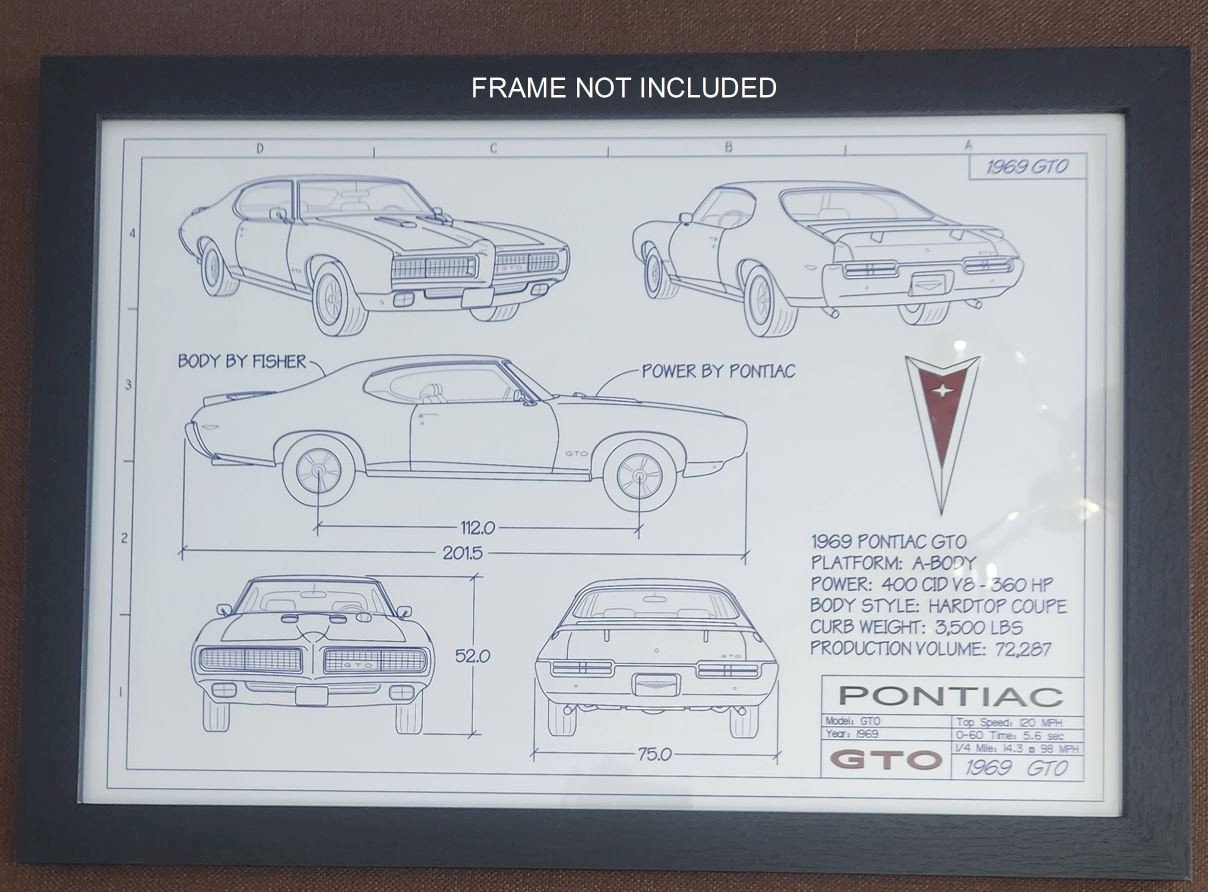 1969 Pontiac GTO "blueprint Drawing" Unframed Color Poster Print - Etsy