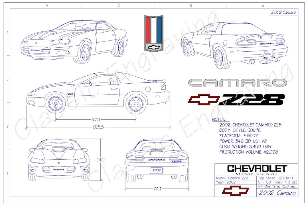 2002 Camaro Z28 "blueprint Drawing" Unframed Color Poster Print - Etsy
