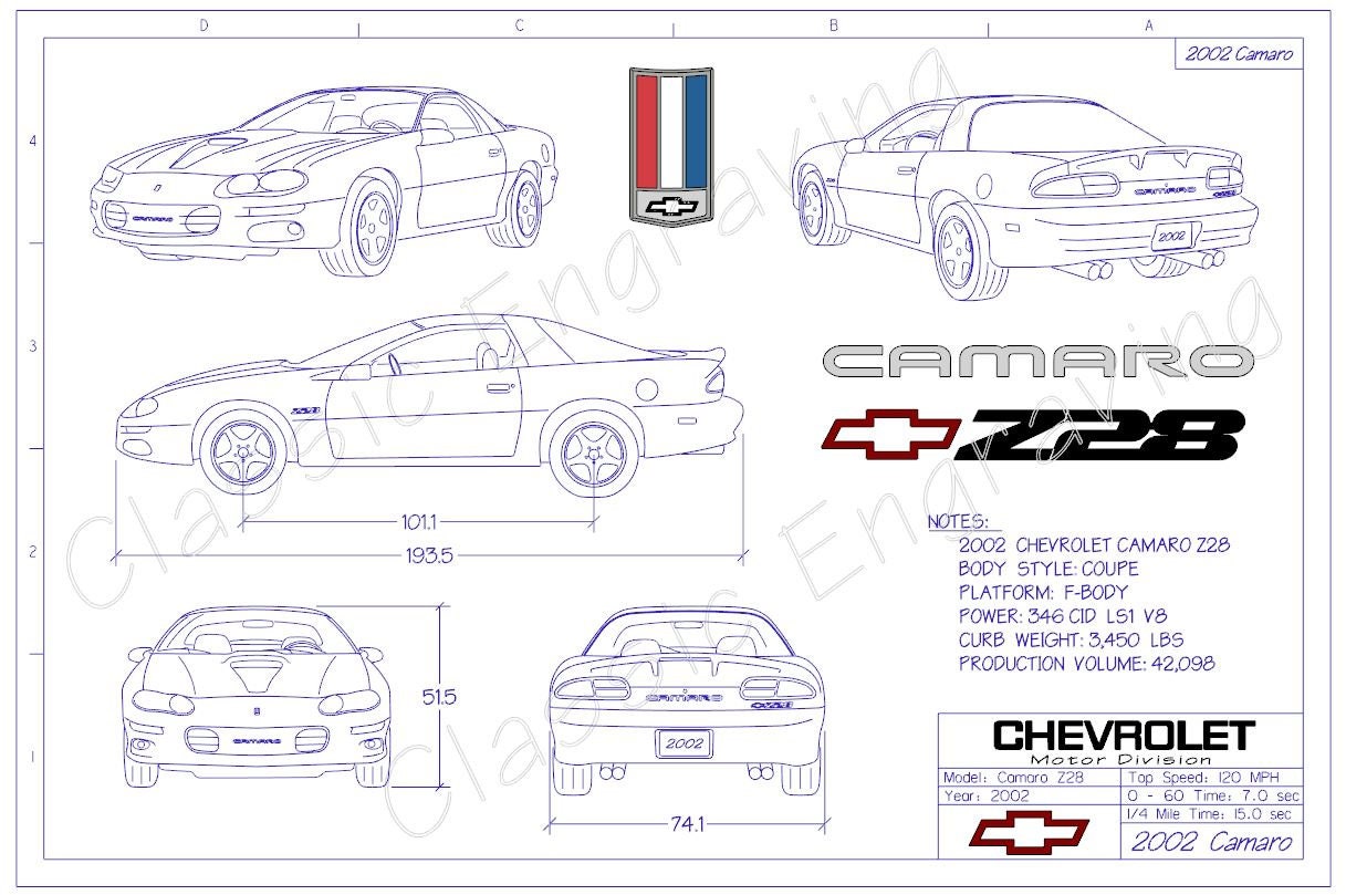 2002 Camaro Z28 "blueprint Drawing" Unframed Color Poster Print - Etsy