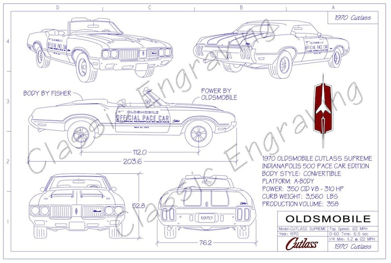 1970 Olds Cutlass Indy Pace Car "blueprint Drawing" Unframed Color ...