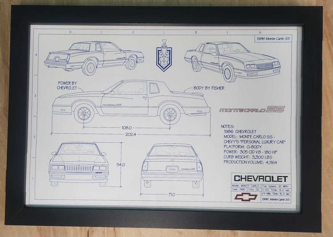 1986 Monte Carlo SS blueprint Drawing Framed Color - Etsy