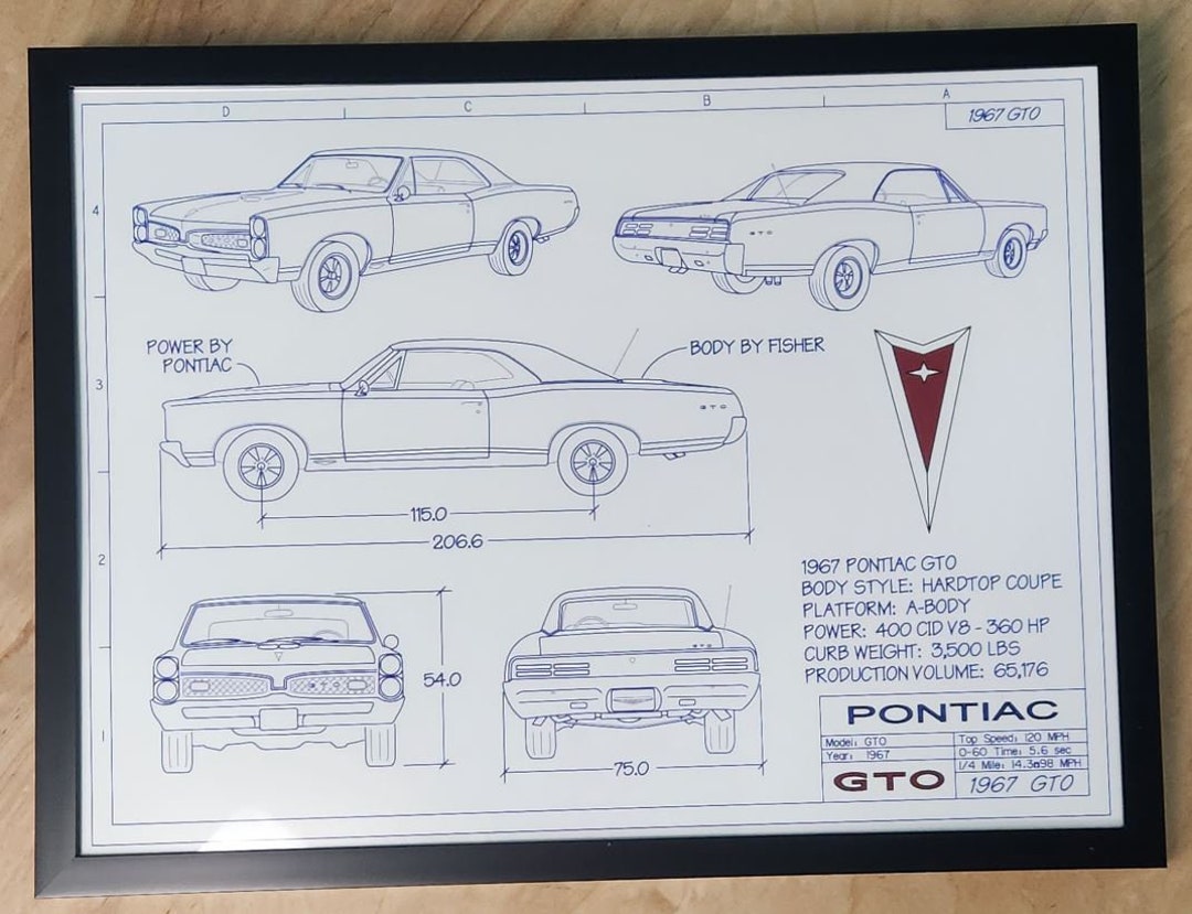 1967 Pontiac GTO blueprint Drawing Framed Color - Etsy