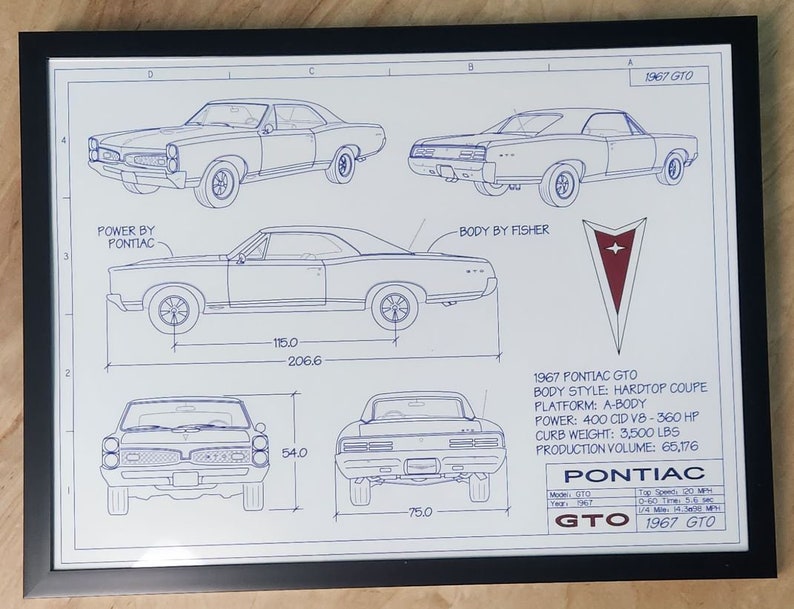 1967 Pontiac GTO blueprint Drawing Framed Color - Etsy