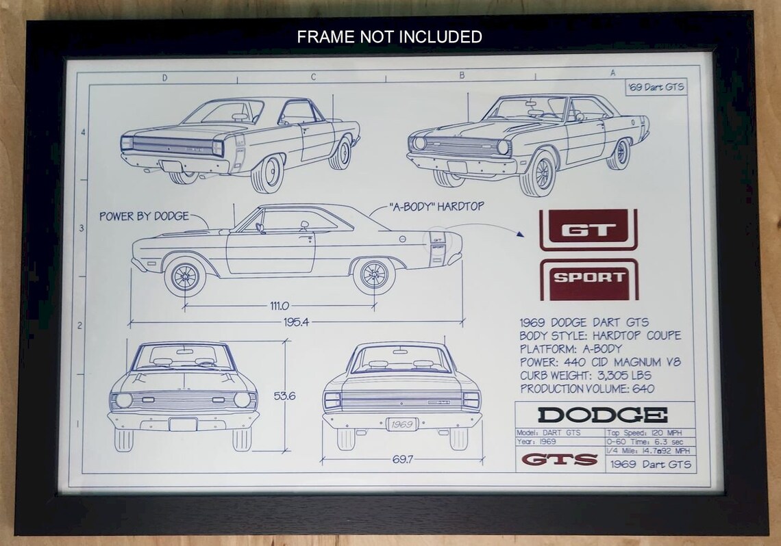 1969 Dodge Dart GTS "blueprint Drawing" Unframed Color Poster Print - Etsy