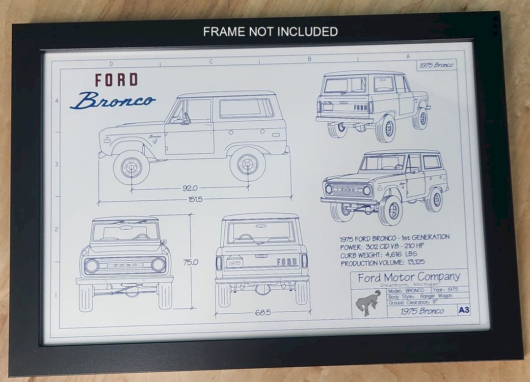 1974 or 1975 Ford Bronco blueprint Drawing Unframed Color Poster Print ...