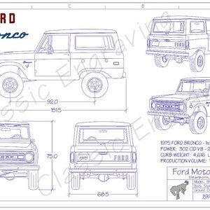 1974 or 1975 Ford Bronco blueprint Drawing Unframed Color Poster Print ...