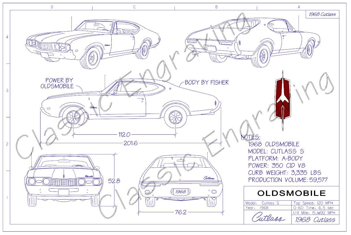 1968 Olds Cutlass S "blueprint Drawing" Unframed Color Poster Print - Etsy
