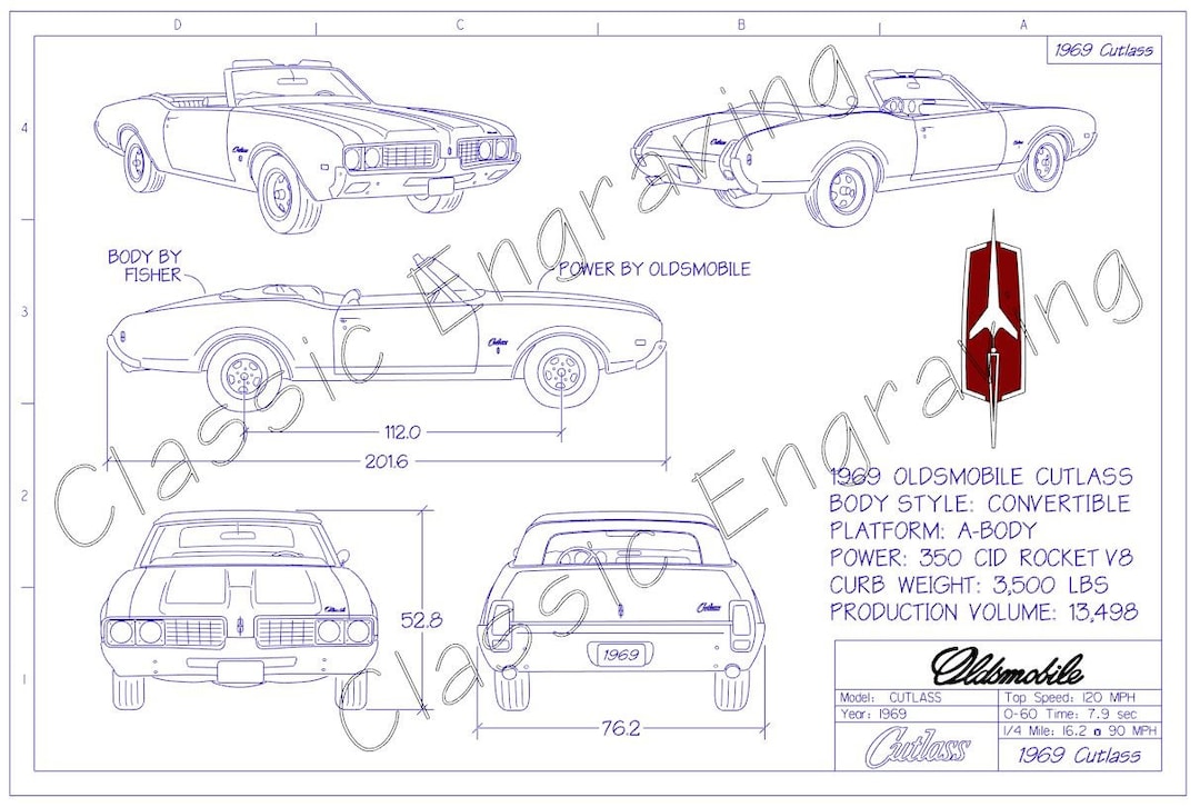 1969 Olds Cutlass Convertible "blueprint Drawing" Unframed Color Poster ...