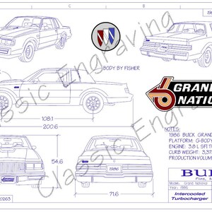1986 Buick Grand National "blueprint Drawing" Unframed Color Poster ...