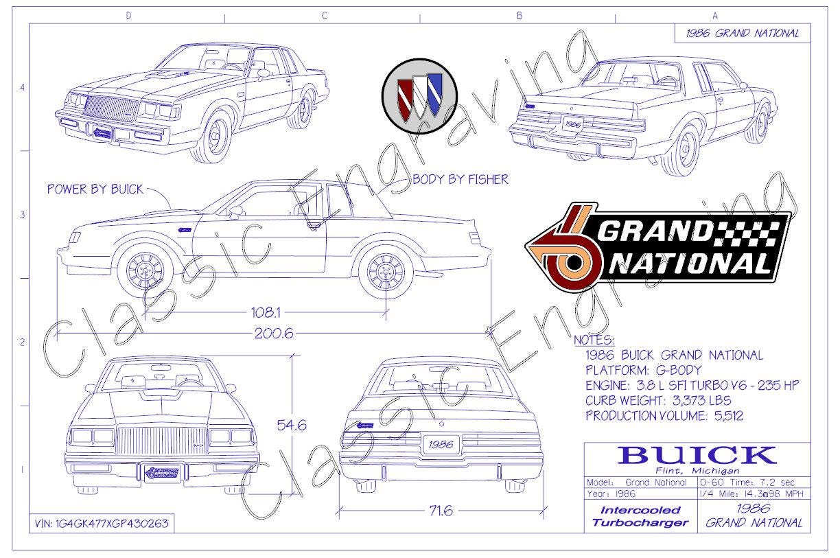 1986 Buick Grand National "blueprint Drawing" Unframed Color Poster ...