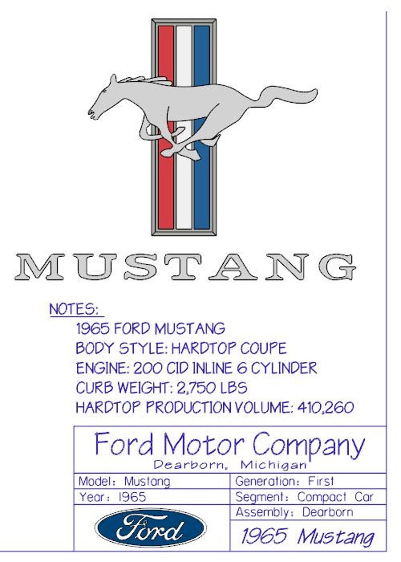 1965 Mustang Coupe "blueprint Drawing" Unframed Color Poster Print - Etsy