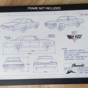 1967 Impala 4-door "blueprint Drawing" Unframed Color Poster Print - Etsy