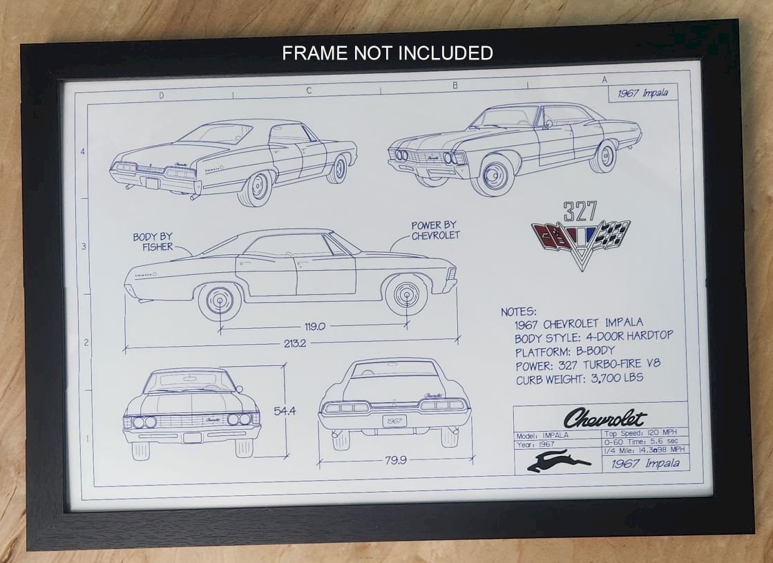 1967 Impala 4-door "blueprint Drawing" Unframed Color Poster Print - Etsy