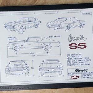 1970 Chevelle SS blueprint Drawing Framed Color - Etsy