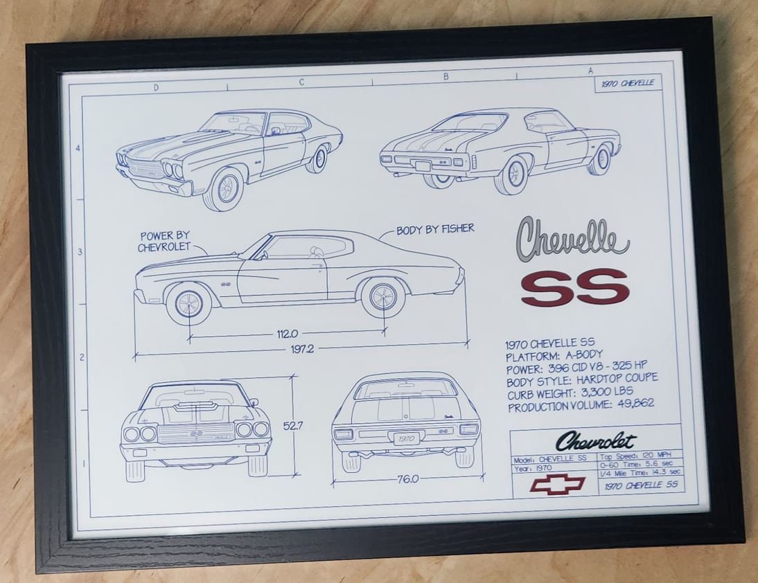 1970 Chevelle SS blueprint Drawing Framed Color - Etsy